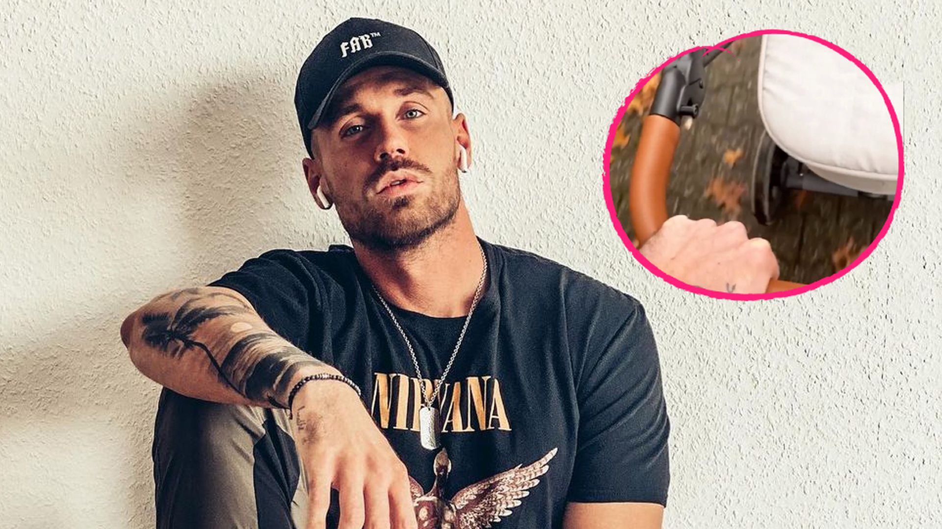 Seltener Papi-Moment: Chris Broy mit Kinderwagen unterwegs